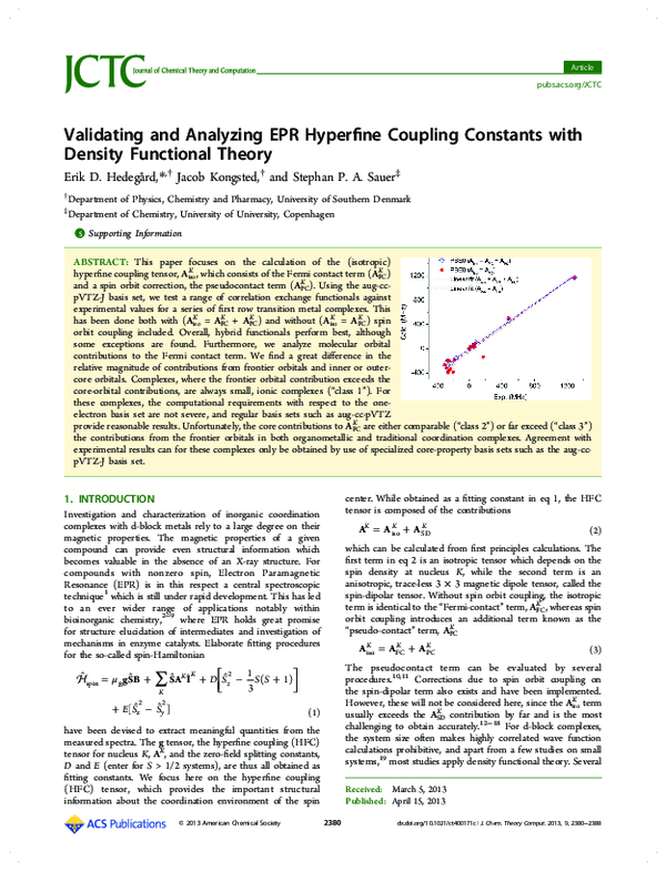 Pdf Validating And Analyzing Epr Hyperfine Coupling Constants With Density Functional Theory
