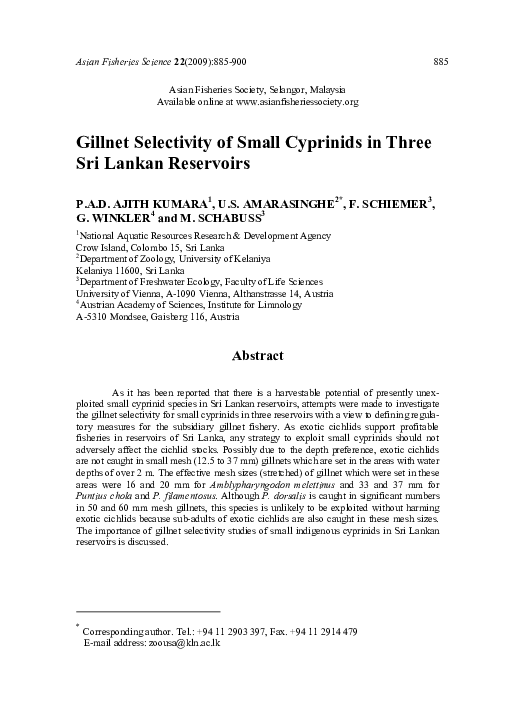 (PDF) Gillnet selectivity of small cyprinids in three Sri Lankan reservoirs