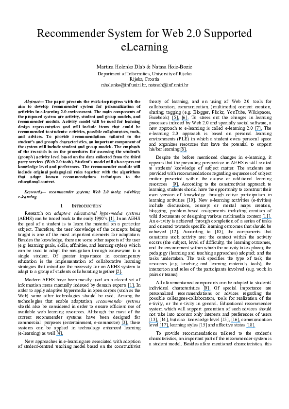 (PDF) Recommender system for Web 2.0 supported eLearning