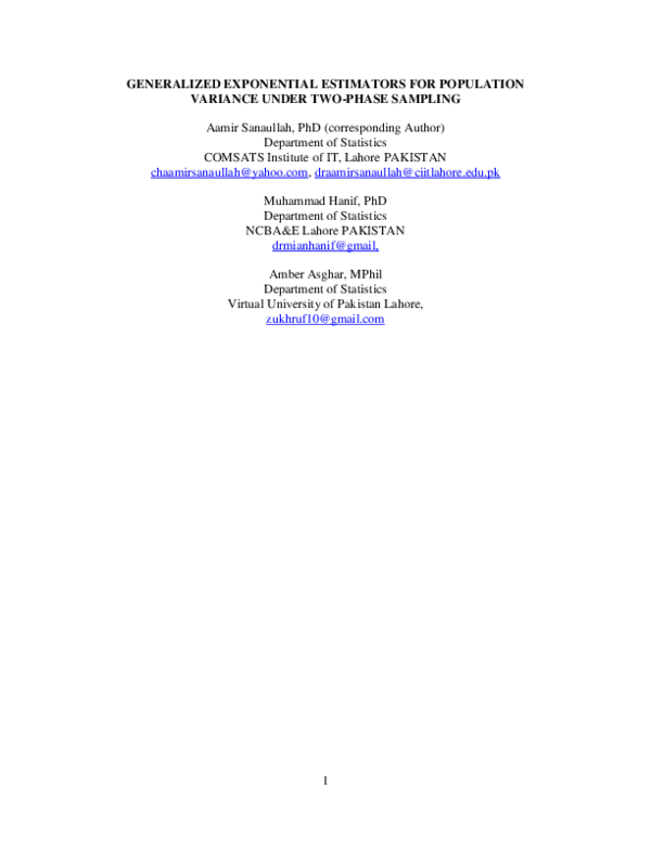 (PDF) Generalized Exponential Estimators for Population Variance Under Two-Phase Sampling