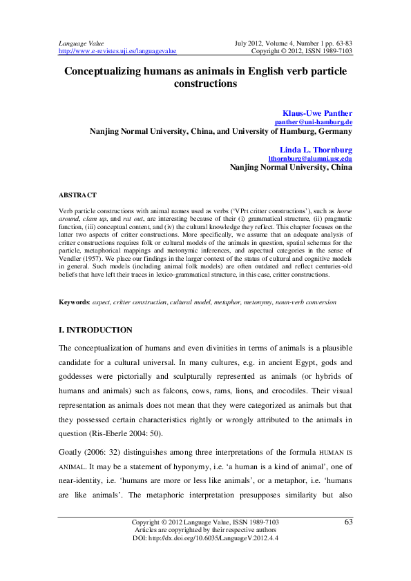 (PDF) Conceptualizing humans as animals in English verb particle constructions