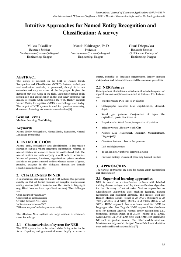 (PDF) Intuitive Approaches for named Entity Recognition and Classification: A Survey