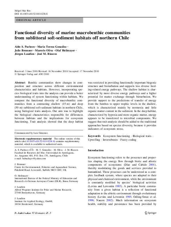 (PDF) Functional diversity of marine macrobenthic communities from ...