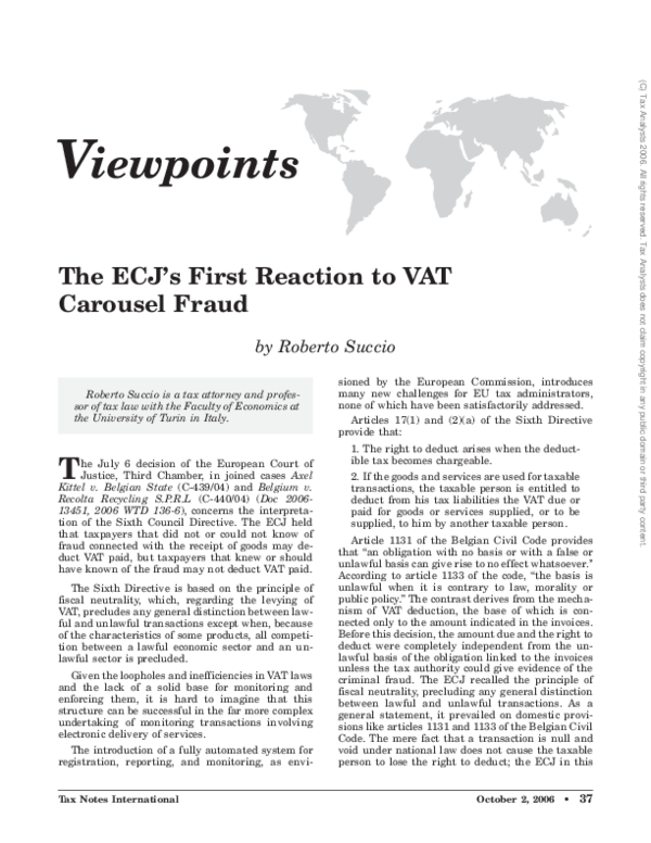 (PDF) The ECJ’s First Reaction to VAT Carousel Fraud