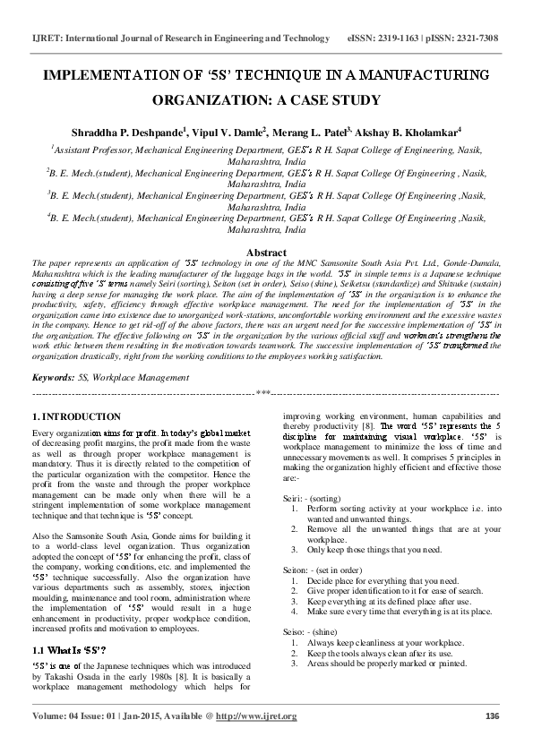 (PDF) IMPLEMENTATION OF '5S' TECHNIQUE IN A MANUFACTURING ORGANIZATION ...