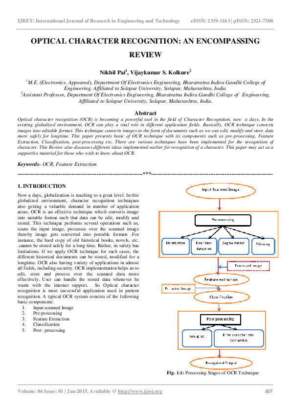 (PDF) OPTICAL CHARACTER RECOGNITION: AN ENCOMPASSING REVIEW