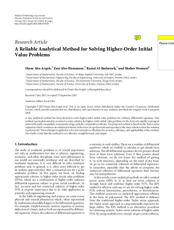 (PDF) A Reliable Analytical Method for Solving Higher-Order Initial Value Problems