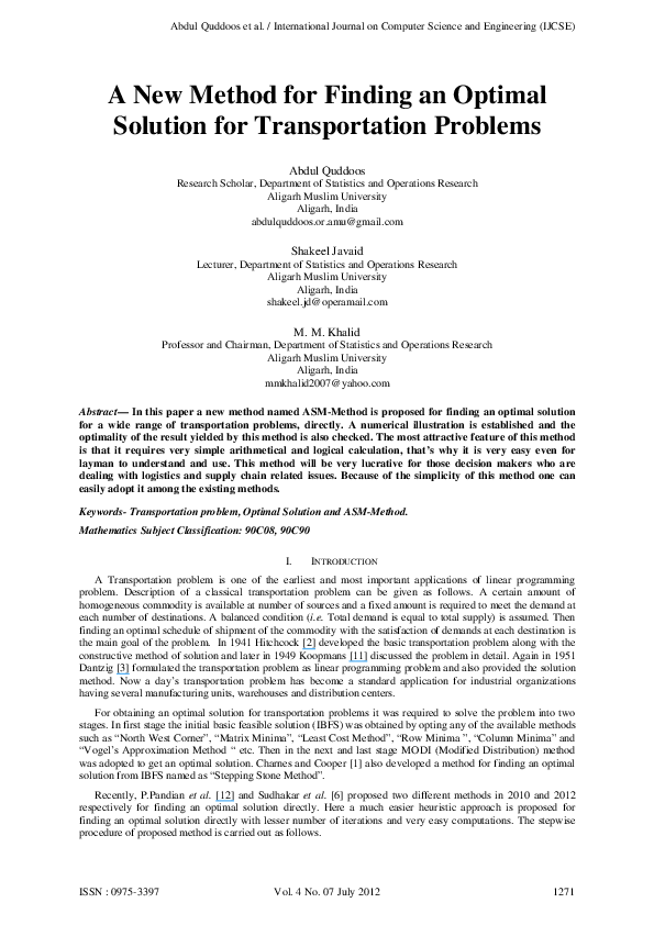 Pdf A New Method For Finding An Optimal Solution For Transportation Problems