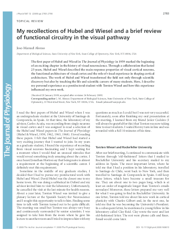 (PDF) My recollections of Hubel and Wiesel and a brief review of functional circuitry in the ...