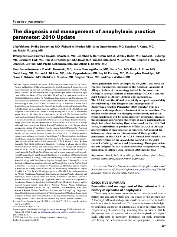 (PDF) The diagnosis and management of anaphylaxis practice parameter ...