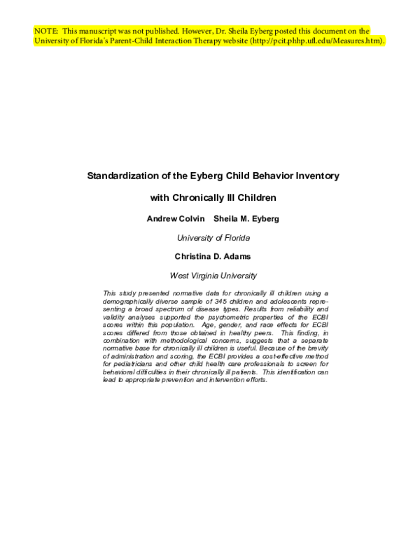 (PDF) Standardization of the Eyberg Child Behavior Inventory with ...