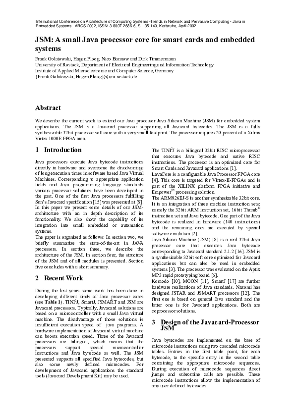 (PDF) JSM: A small Java processor core for smart cards and embedded systems