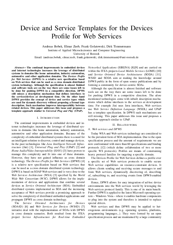 (PDF) Device and service templates for the Devices Profile for Web Services