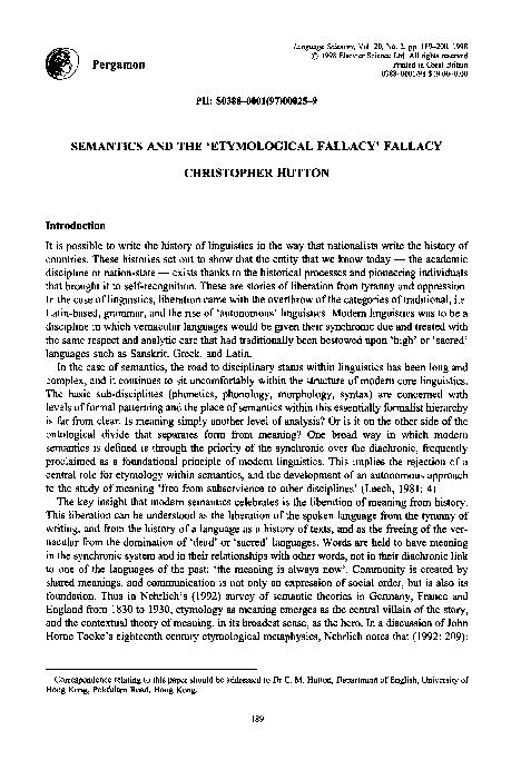 (PDF) Semantics and the ‘etymological fallacy’ fallacy