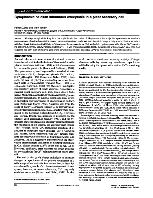 (PDF) Cytoplasmic calcium stimulates exocytosis in a plant secretory cell