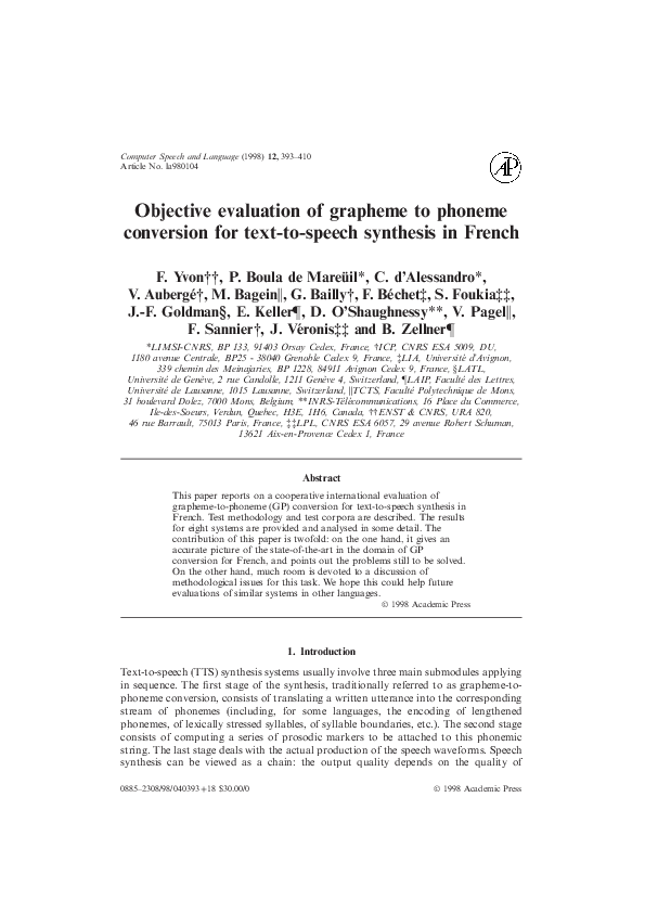 (PDF) Objective evaluation of grapheme to phoneme conversion for text ...