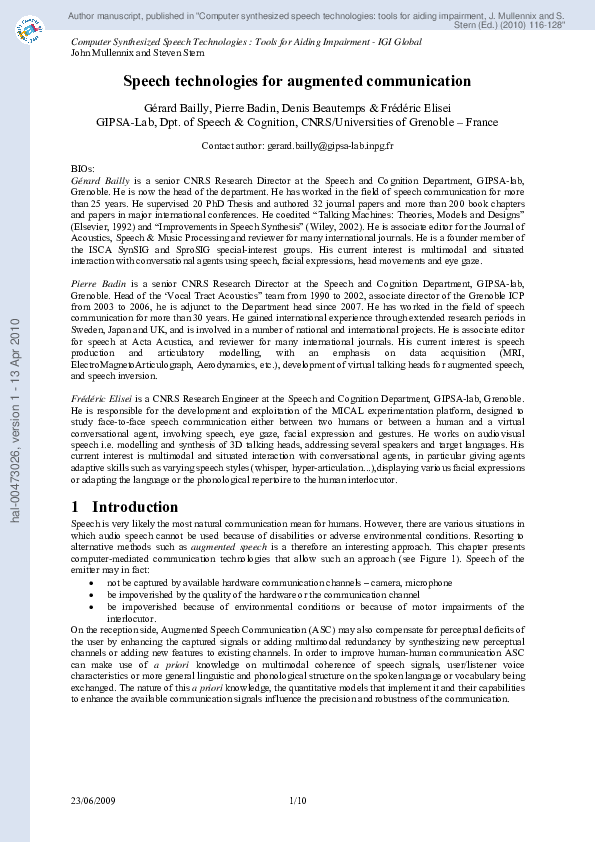 (PDF) Speech Technologies for Augmented Communication