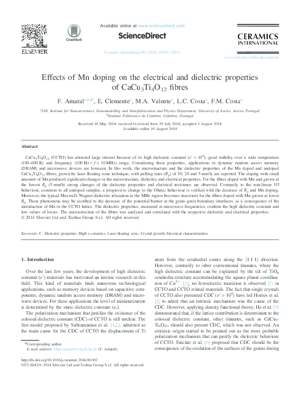 Pdf Effects Of Mn Doping On The Electrical And Dielectric Properties Of Cacu3ti4o12 Fibres
