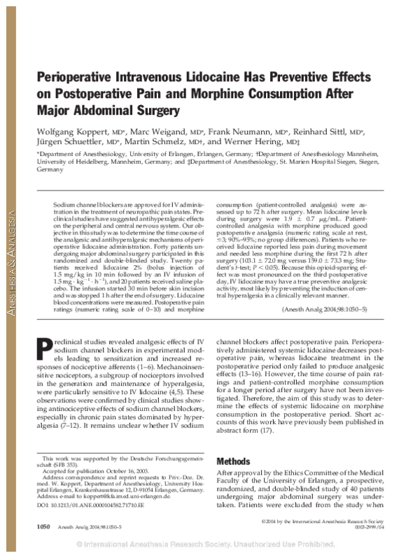 (PDF) Perioperative Intravenous Lidocaine Has Preventive Effects on Postoperative Pain and ...
