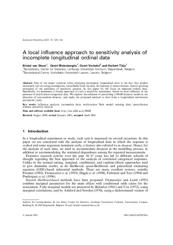 Pdf A Local Influence Approach To Sensitivity Analysis Of Incomplete Longitudinal Ordinal Data