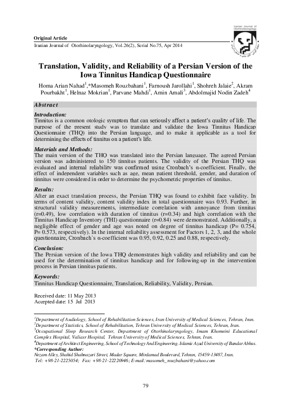(PDF) Translation, validity, and reliability of a persian version of ...
