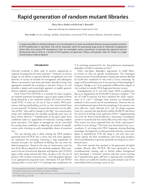 (PDF) Rapid generation of random mutant libraries | Michael Benedik ...