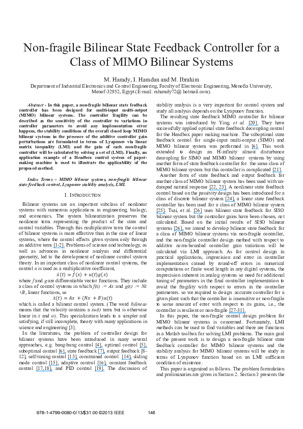 Pdf Non Fragile Bilinear State Feedback Controller For A Class Of