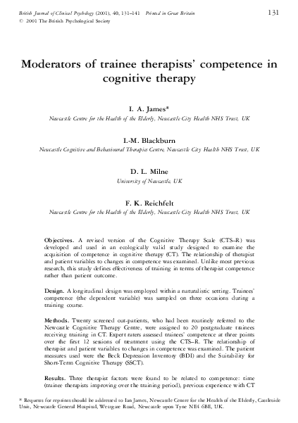 (PDF) Moderators of trainee therapists' competence in cognitive therapy