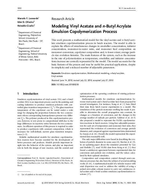 (PDF) Modeling Vinyl Acetate and n-Butyl Acrylate Emulsion ...
