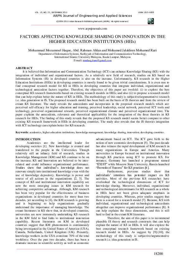 (PDF) FACTORS AFFECTING KNOWLEDGE SHARING ON INNOVATION IN THE HIGHER EDUCATION INSTITUTIONS (HEIs