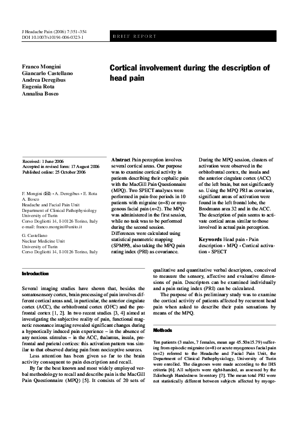 (PDF) Cortical involvement during the description of head pain