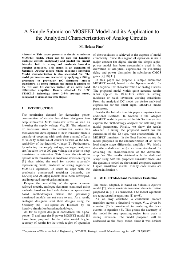 (PDF) A simple submicron MOSFET model and its application to the analytical characterization of ...