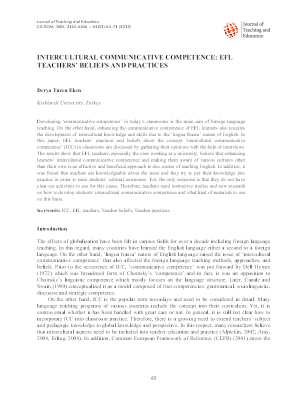 (PDF) Intercultural Communicative Competence: EFL Teachers' Beliefs and Practices