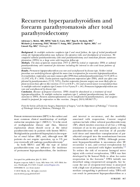 (PDF) Recurrent Hyperparathyroidism: Total vs Subtotal Parathyroidectomy