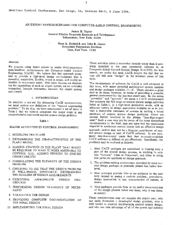 Pdf An Expert System Scenario For Computer Aided Control Engineering 