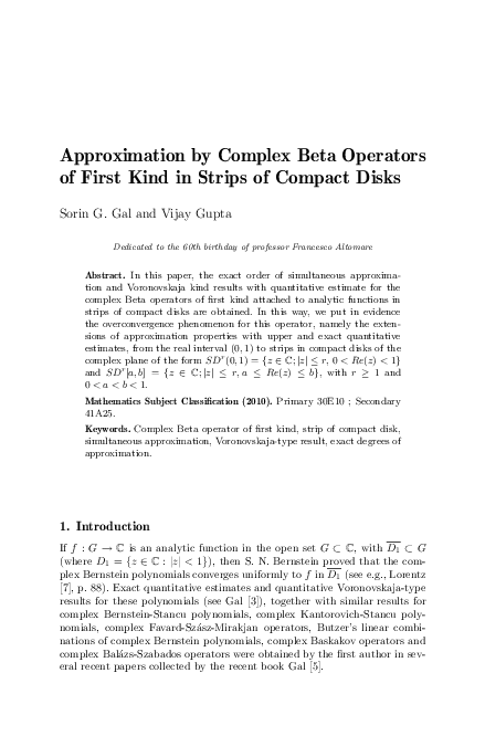Pdf Approximation By Complex Beta Operators Of First Kind In Strips