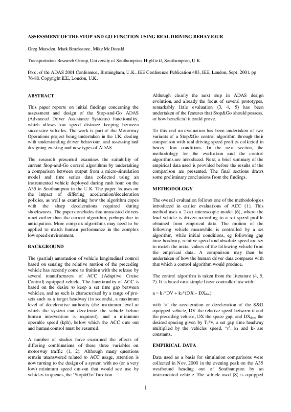(PDF) Assessment of the stop and go function using real driving behaviour