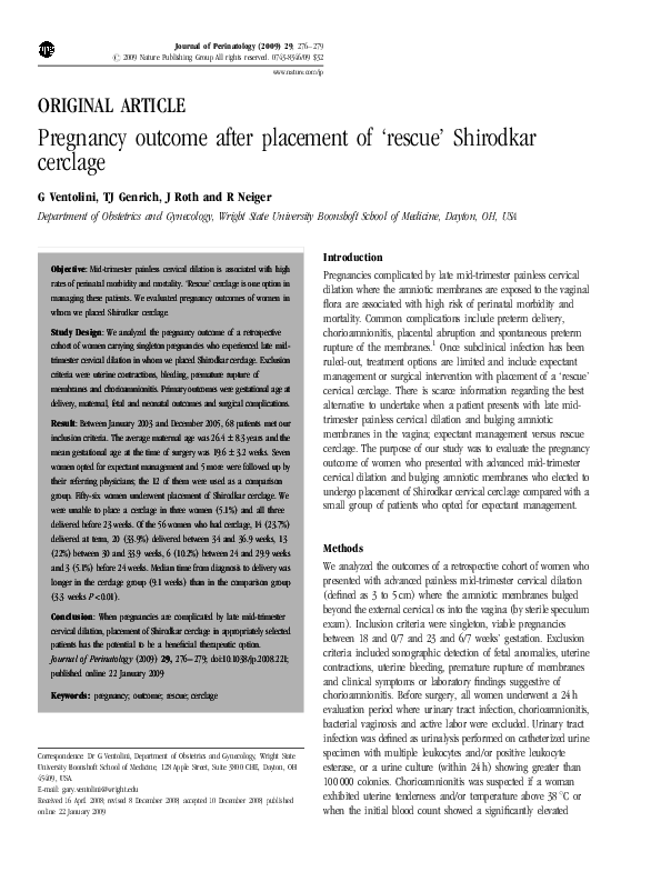 (PDF) Pregnancy outcome after placement of ‘rescue’ Shirodkar cerclage