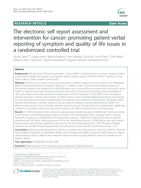 (PDF) The electronic self report assessment and intervention for cancer ...