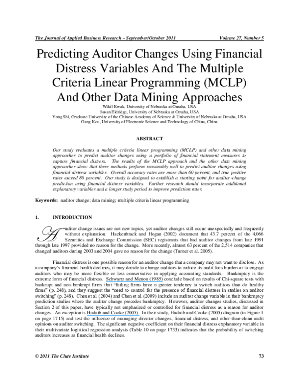 (PDF) Predicting Auditor Changes Using Financial Distress Variables And The Multiple Criteria ...