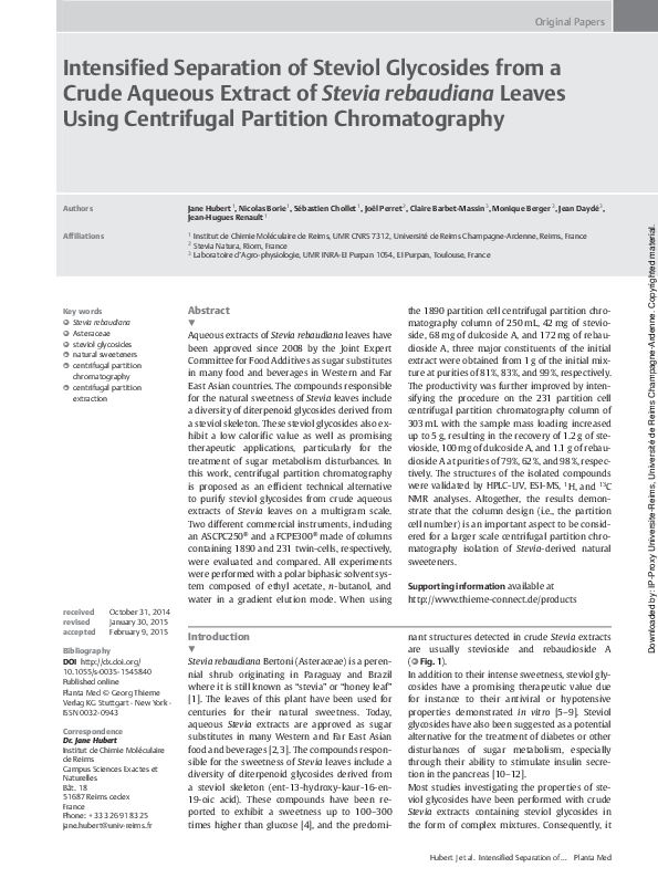 Pdf Intensified Separation Of Steviol Glycosides From A Crude Aqueous Extract Of Stevia