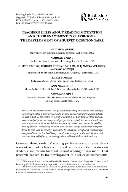 (PDF) Teacher Beliefs About Reading Motivation and Their Enactment in ...