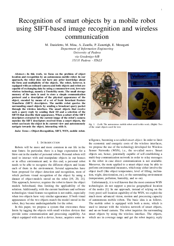 (PDF) Recognition of smart objects by a mobile robot using sift-based image recognition and ...
