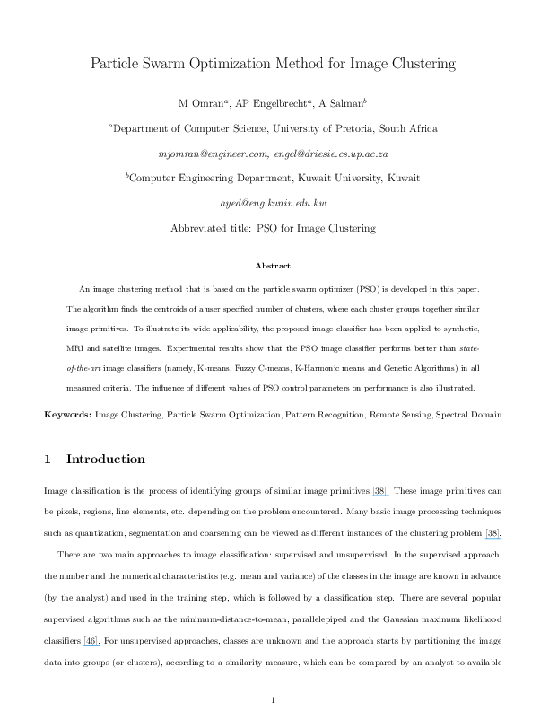 (PDF) Particle swarm optimization method for image clustering
