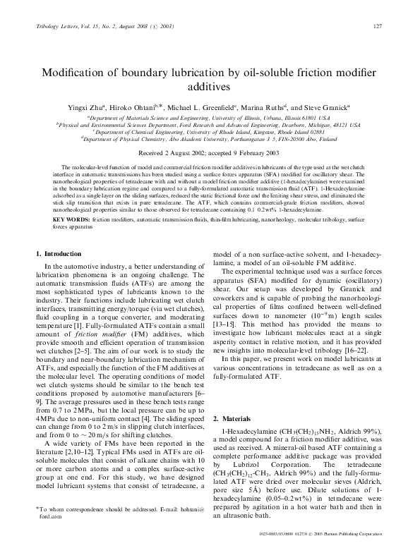 (PDF) Modification of boundary lubrication by oil-soluble friction ...