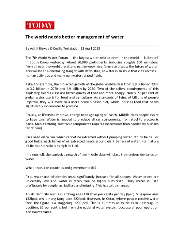 Pdf The World Needs Better Management Of Water Opinion Piece Prof