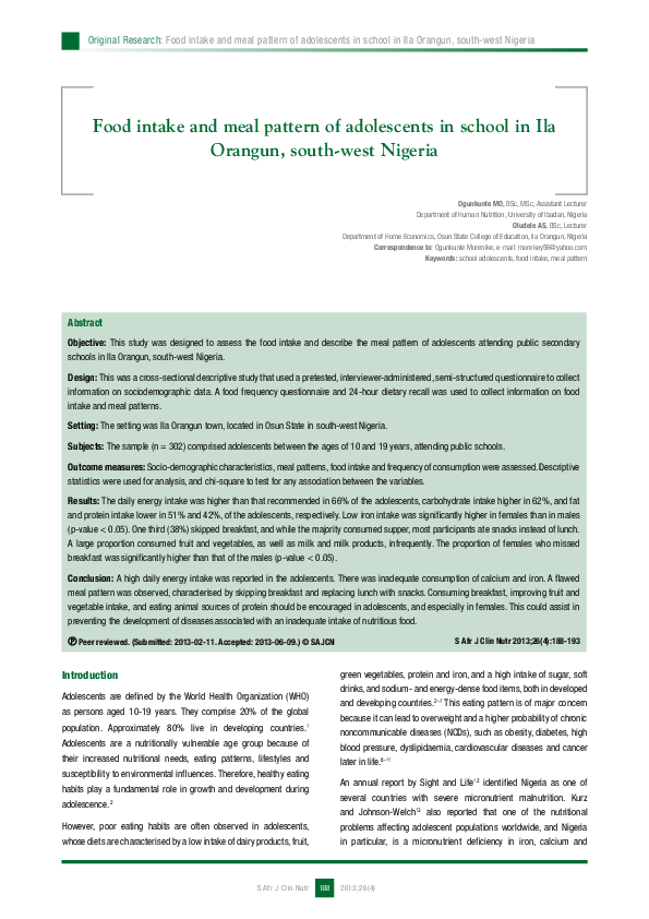 (PDF) Food intake and meal pattern of adolescents in school in Ila ...