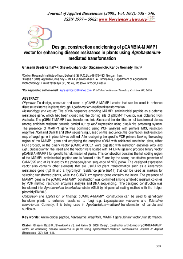 (PDF) Design, construction and cloning of pCAMBIA-MiAMP1 vector for ...