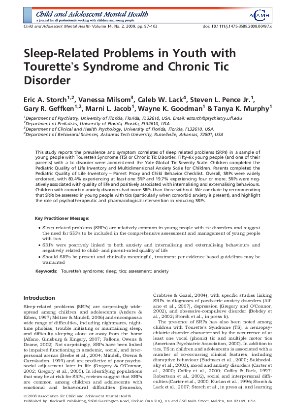 (PDF) Sleep-Related Problems in Youth with Tourette’s Syndrome and ...