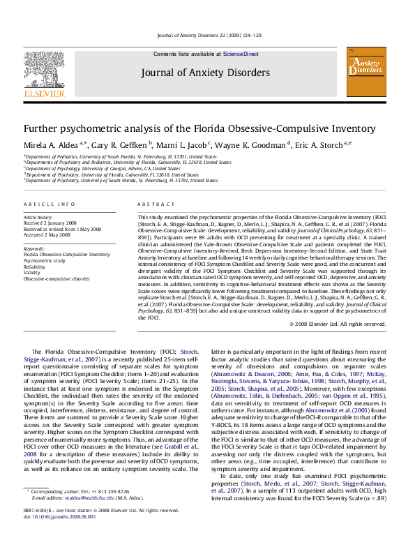 (PDF) Further psychometric analysis of the Florida Obsessive-Compulsive ...